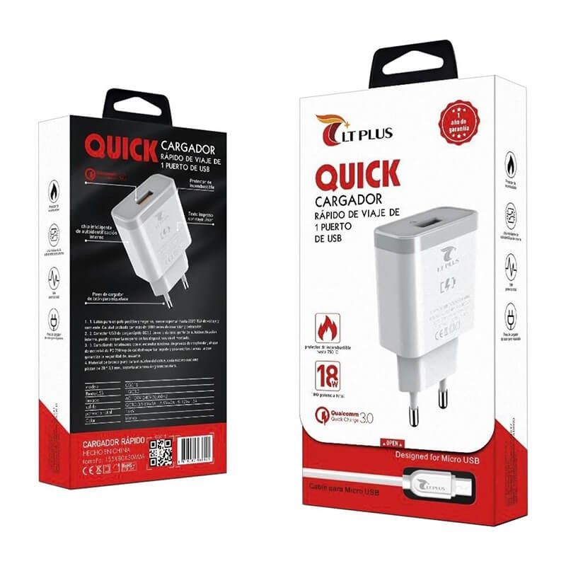 Cargador Carga rápida 18W, QC 3.0 y Cable Micro USB
